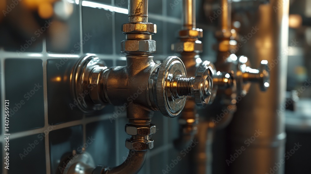Plumber tightening pipe fittings in a commercial building. Featuring ...