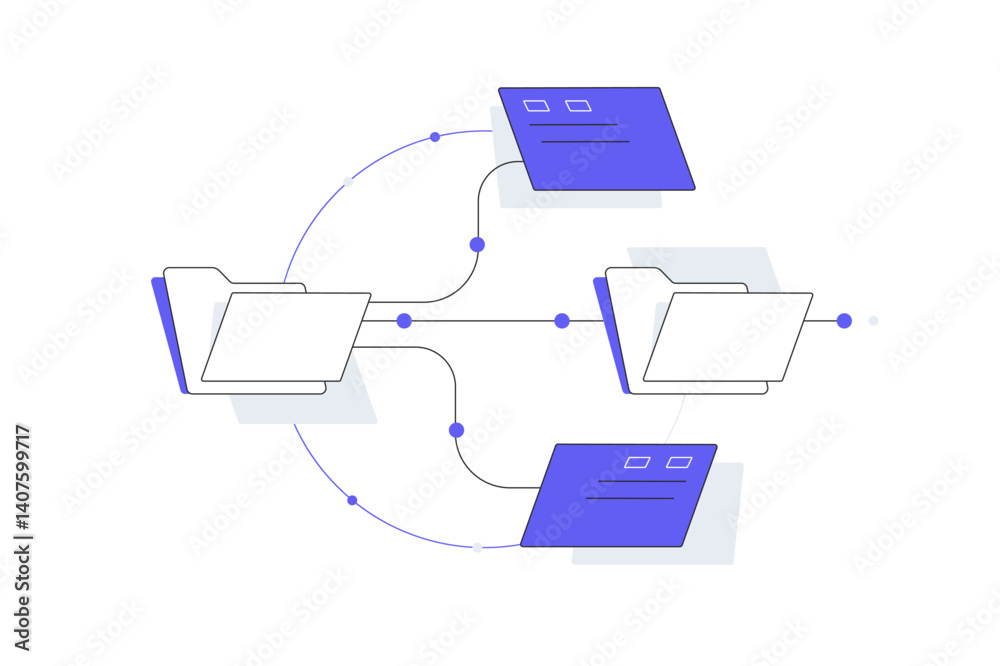 File system hierarchy, Folders and files. Flowchart connecting documents to a central system ...