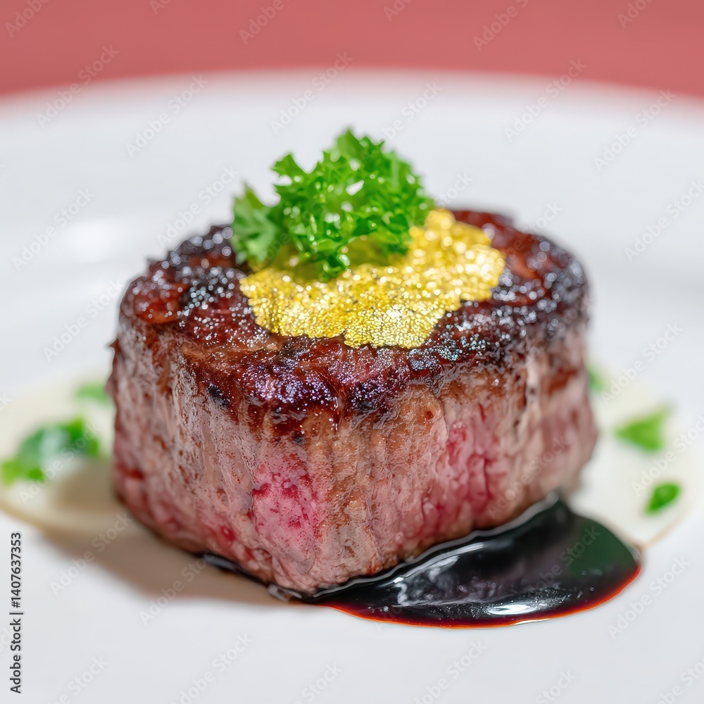 Premium Wagyu beef steak, perfectly seared with truffle puree and ...