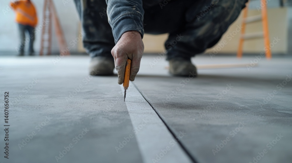 Construction worker marking lines on concrete for layout. Featuring ...