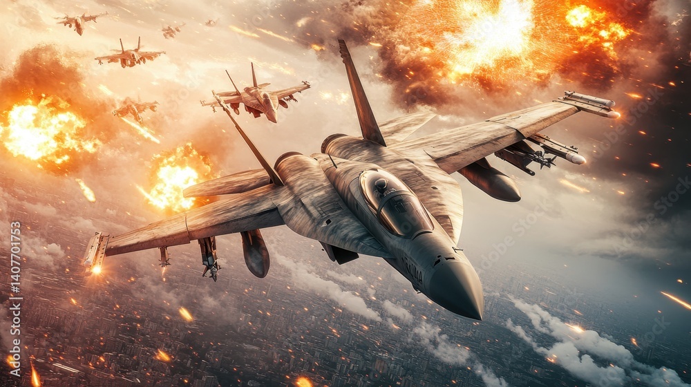 Military fighter jet maneuvers in a high-stakes aerial battle during a ...