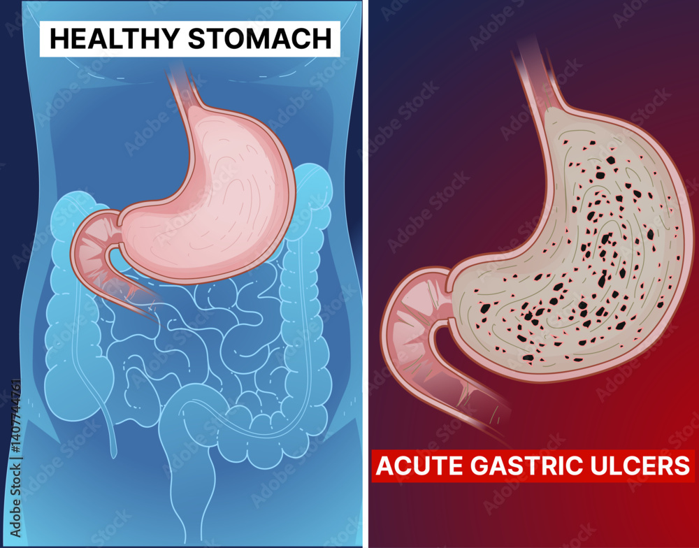 Healthy stomach. Unhealthy stomach. Acute gastric ulcers, gastritis ...