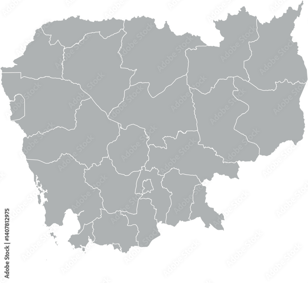 Vector map of Cambodia in gray with white borders of administrative ...