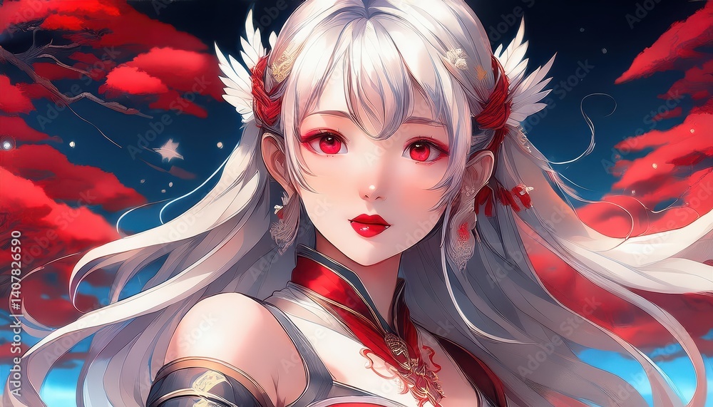 Majestic Anime Goddess Amidst Starlit Cosmos, Basking in Twilights ...