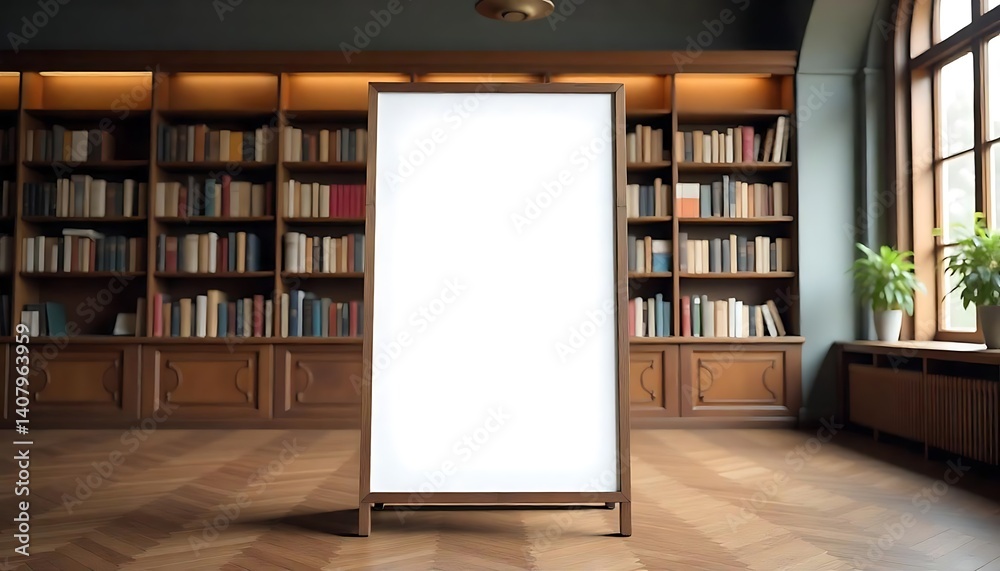 Blank empty white poster sign billboard mockup in old library ...