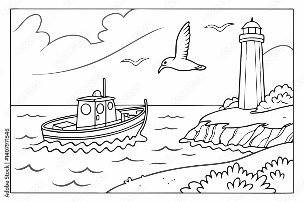 Coloring Pages, Scenery of a boat in the middle of the sea, colorless ...