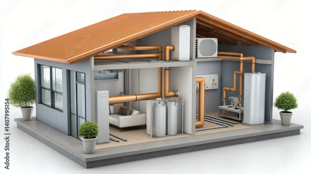 Cutaway render of smart eco house showing thermal mass walls, solar ...