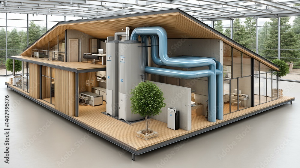 Cutaway render of smart eco house showing thermal mass walls, solar ...