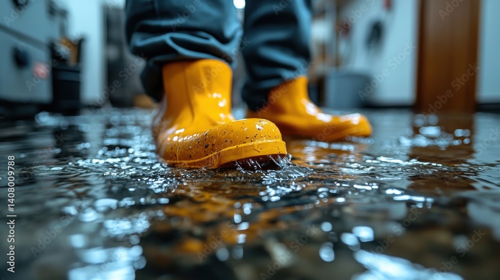 mopping up deep floodwater in a basement or electrical room after a ...