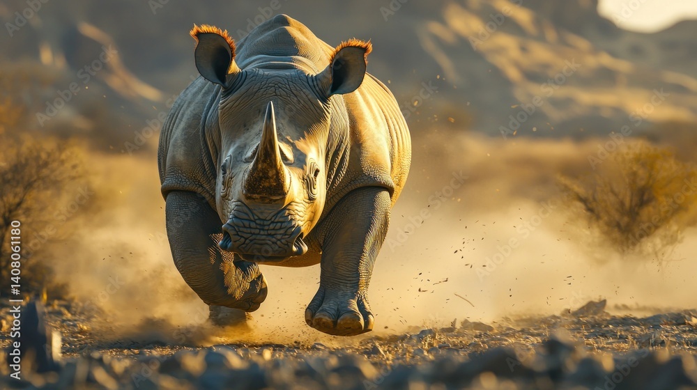 powerful rhino charging across the African savanna, dust flying behind ...