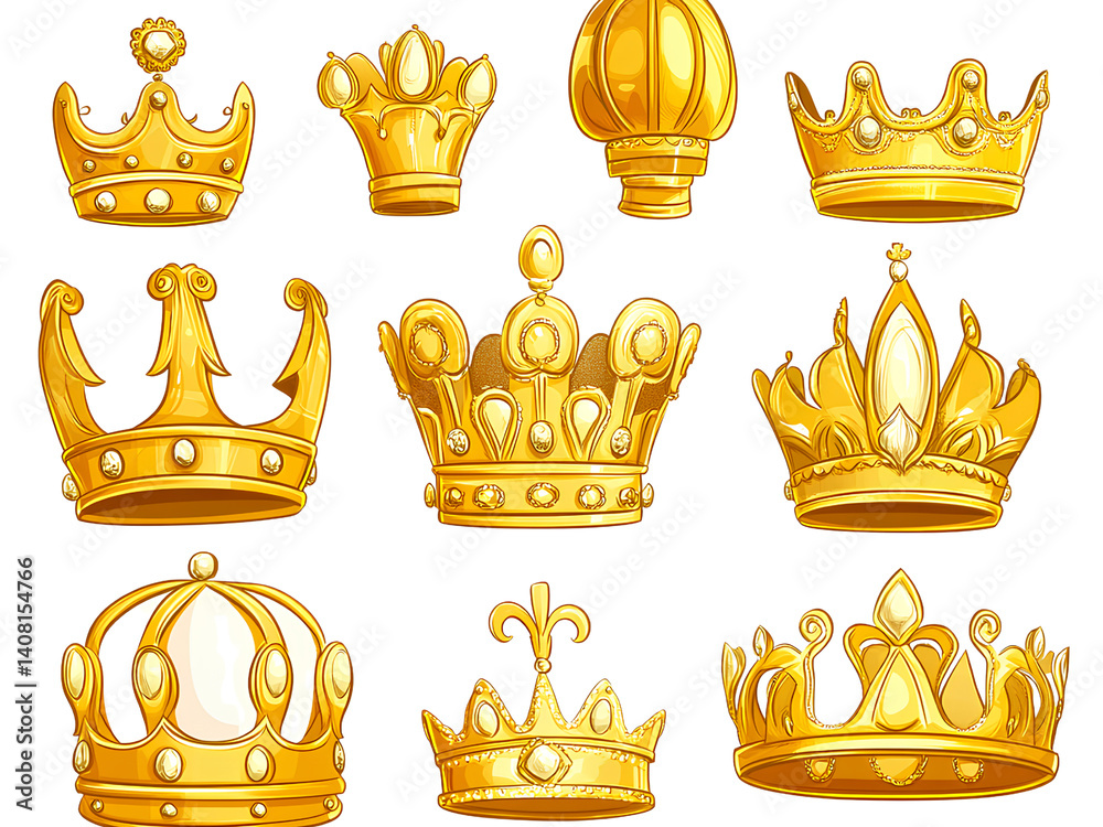 Crown set vector illustration with various types of golden crowns ...
