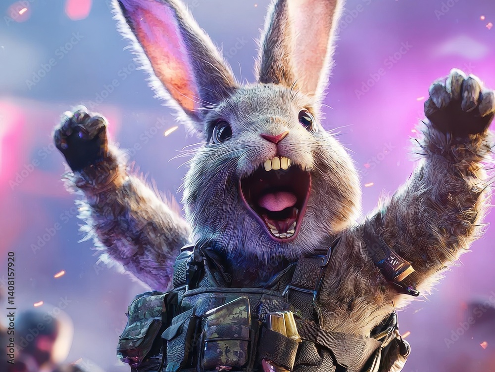 Triumphant rabbit soldier, furry face alight, arms raised in victory. A ...