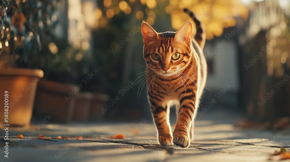 Bengal cat walking towards camera powerful paw sharp focus dynamic ...