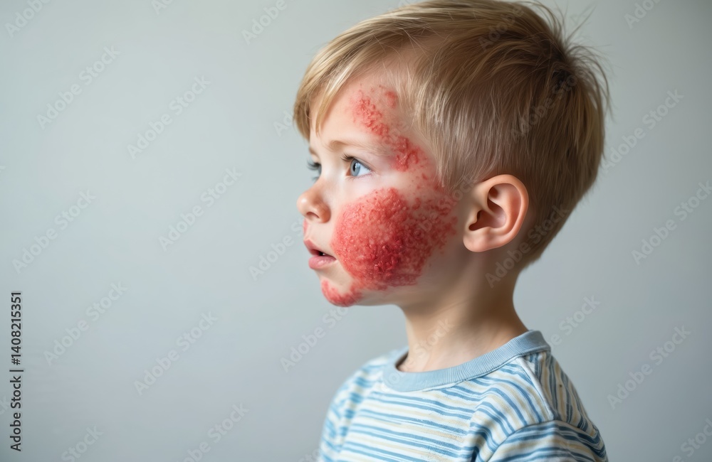 Portrait of young boy with severe allergic reaction eczema on face. Red ...
