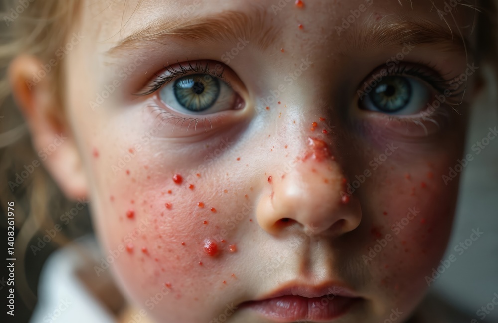 Close-up of child face with skin rash. Red spots, blisters on face ...