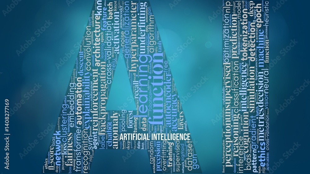 Sleek word cloud centered on "AI," filled with terms from artificial ...