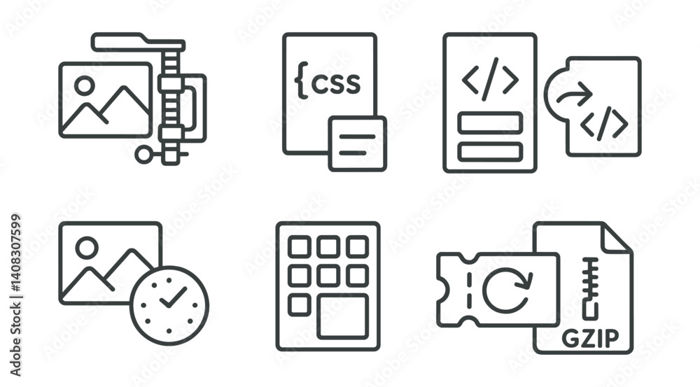 Line vector icons of asset optimization: image compressor, minified CSS ...