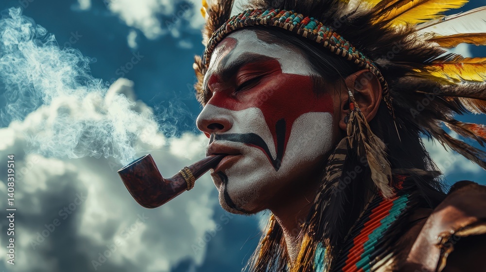 Indigenous person smoking a pipe in traditional attire against a ...