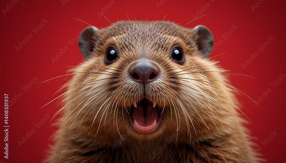 Cute baby beaver with a funny shocked face, wide eyes and open mouth ...