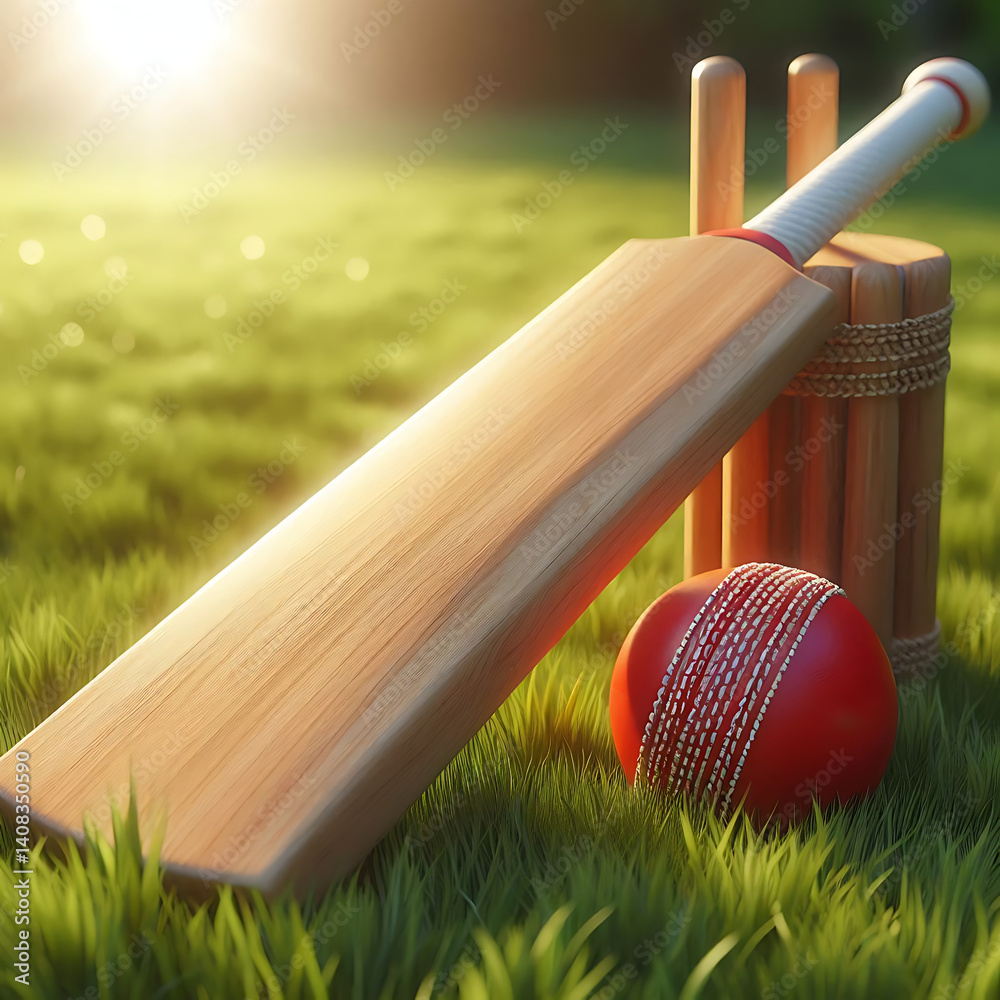 cricket bat, stumps, bails, red ball and white ball isolated on white ...