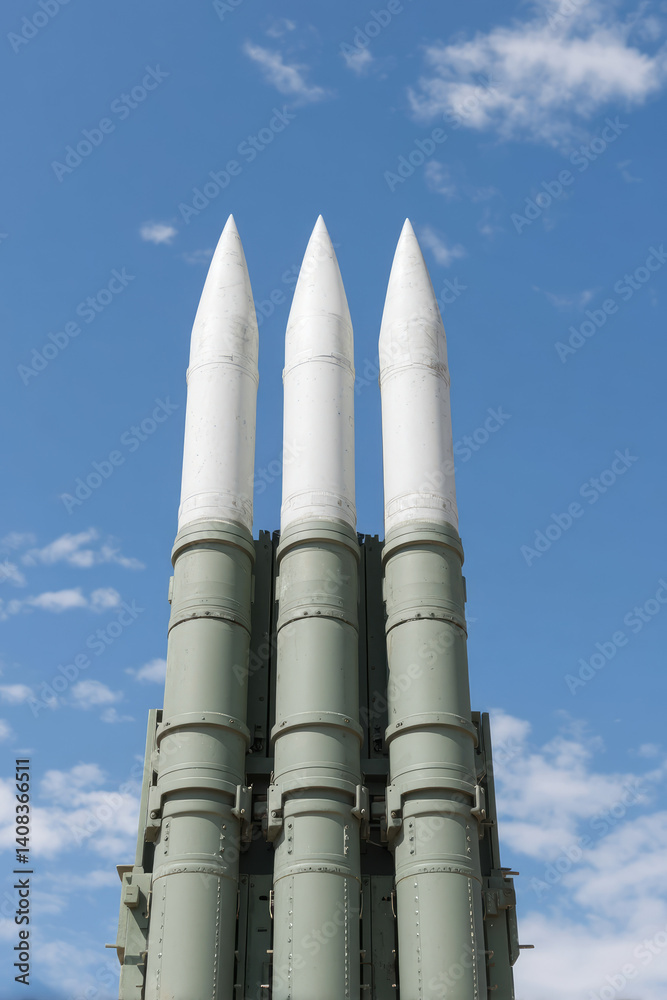 Missile launch system with rockets, military defense strength. Arming ...