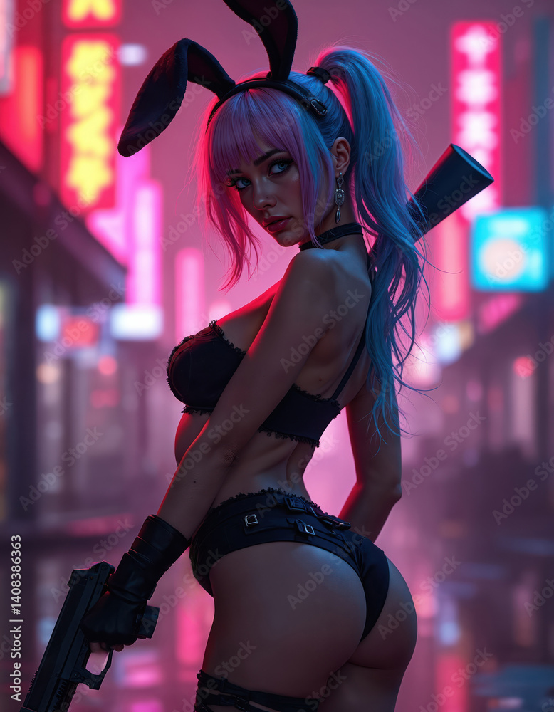 Stock Foto Cyberpunk Cosplayer Girl Boudoir Outfit Gun Bunny Ears In
