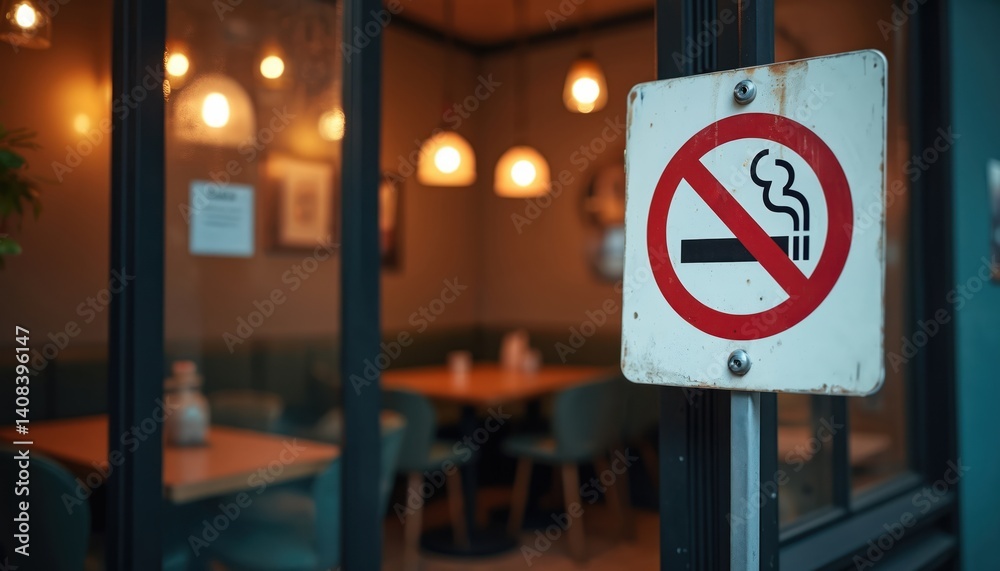No smoking sign outside cafe. Red circle, crossed-out cigarette ...