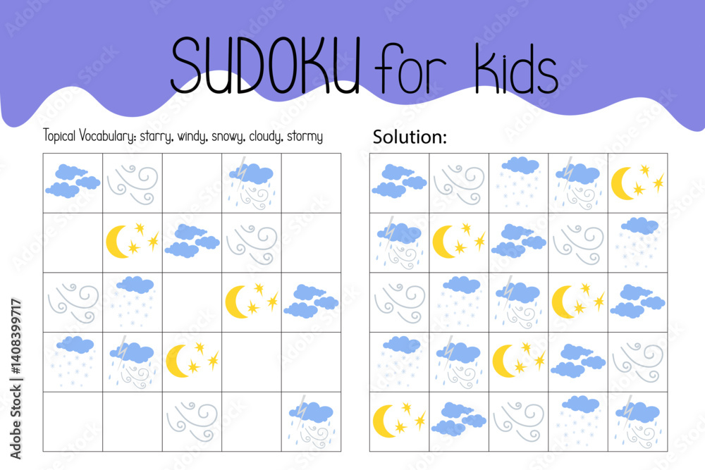 Weather sudoku educational game leisure activity worksheet vector ...