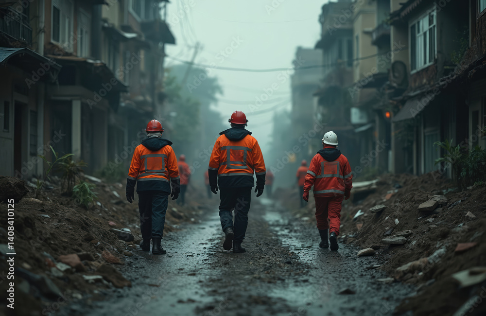 Emergency response team walks through debris after earthquake. Rescue ...