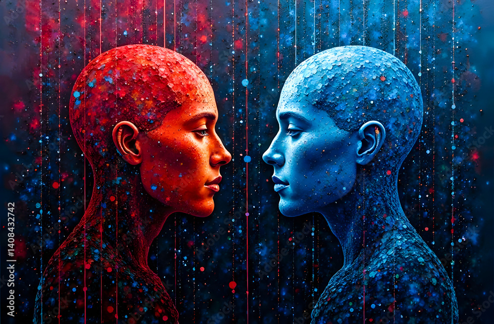 1 person profile red and blue with vibrant digital effects seamlessly ...