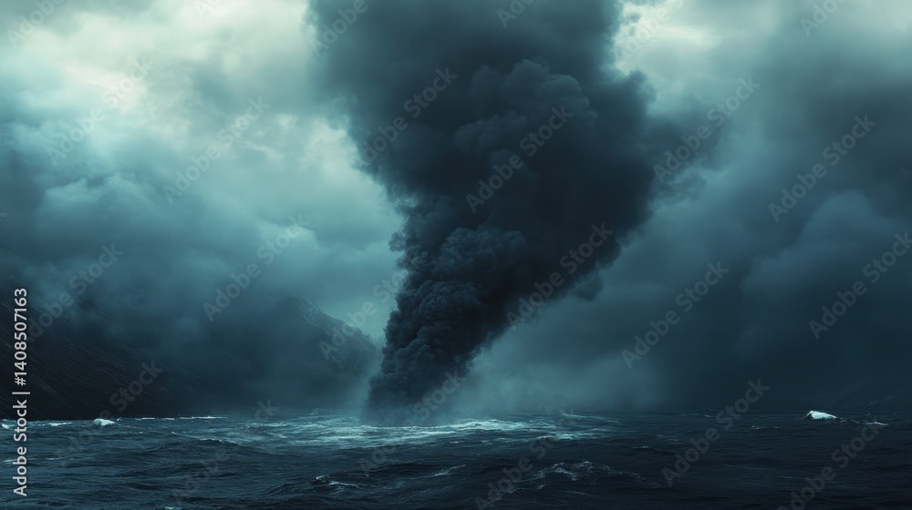 A plume of smoke descends deep into the sea from the highlands, with no ...