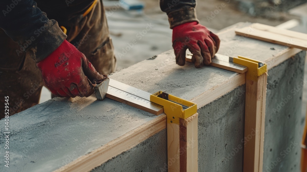 Formwork carpenter assembling wooden molds for a concrete column ...