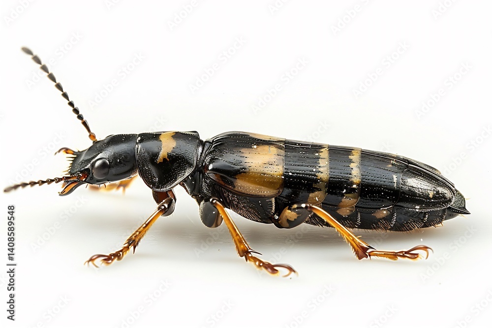 Rove beetle running fast elongated black body segmented strong mandible ...
