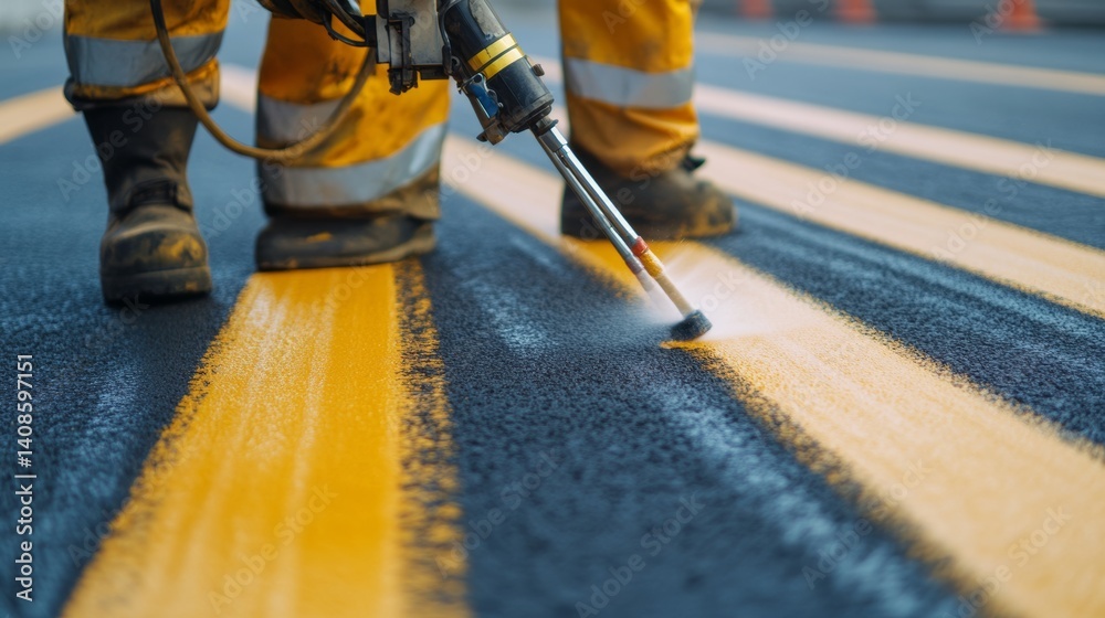 Pavement marking specialist applying road lane paint with a precision ...