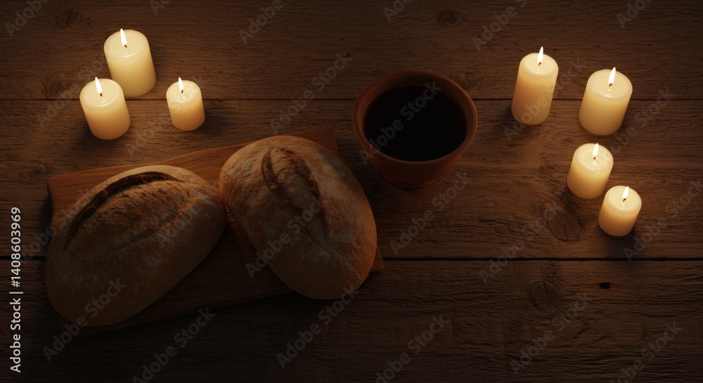 Symbolic Last Supper Setup with Bread, Wine, and Candlelight on Rustic ...