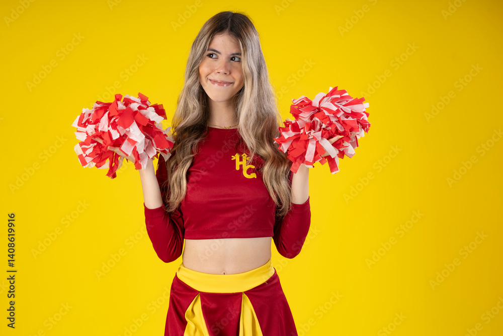 young teenage woman, cheerleader with various poses and facial ...