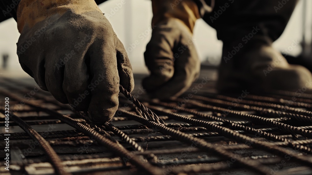 Stock-Foto „Steelworker securing rebar framework for a reinforced ...