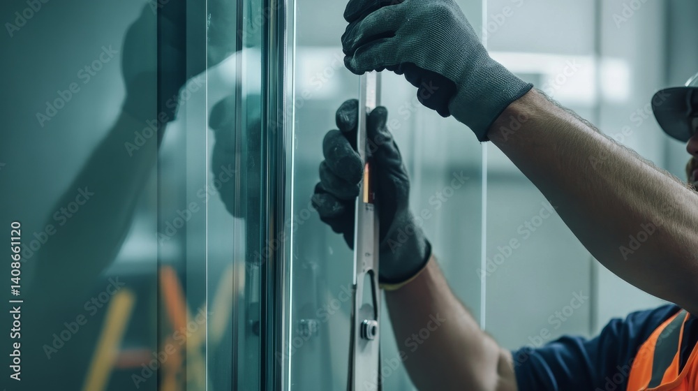 Window installer securing a large glass panel in a commercial building ...