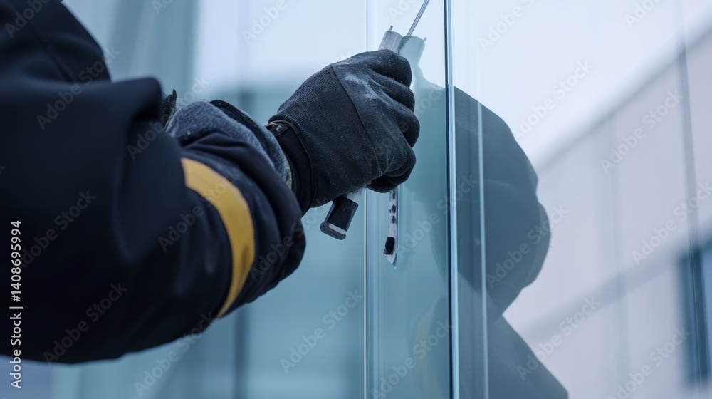 Window installer fitting a large glass panel into a new building ...