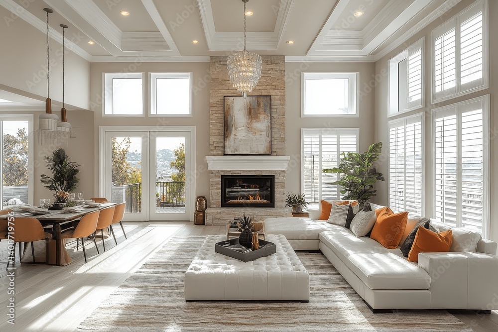 Spacious living room with coffered ceiling, stone fireplace, modern ...