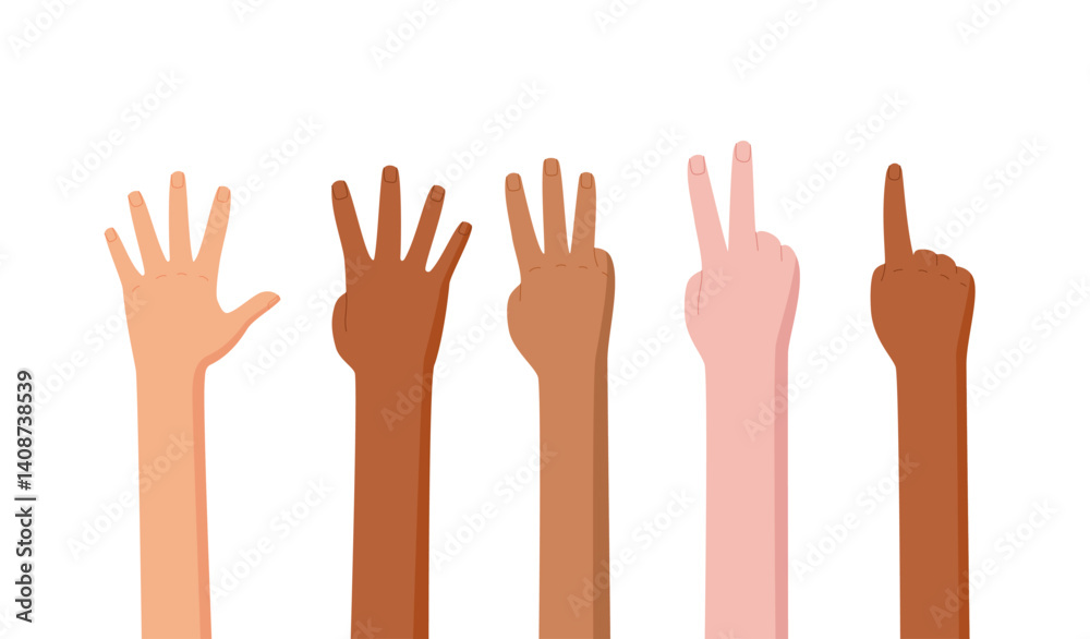Cartoon hand count gesture set in flat style. Bare arms stretch showing ...