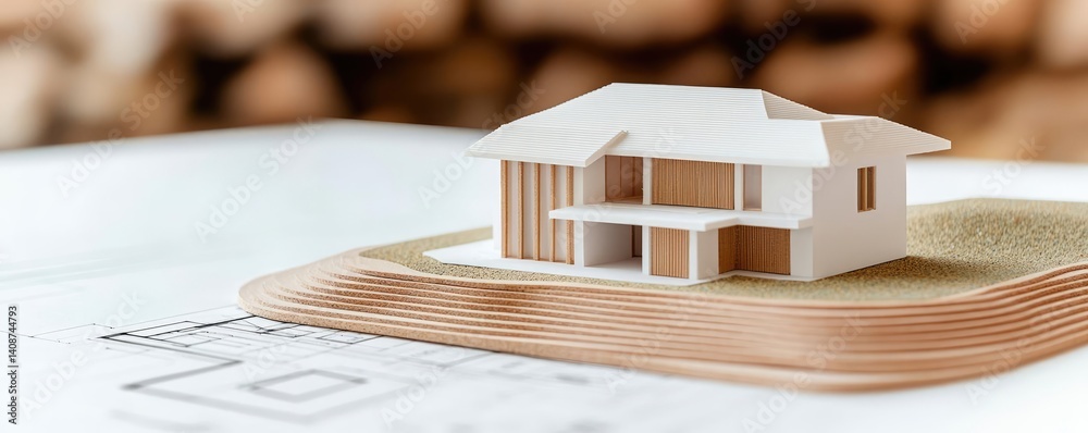 Building house on blueprint featuring project and model concept. A ...