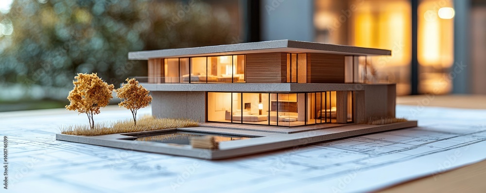 Building house on blueprint with model and vignetting concept. Modern ...