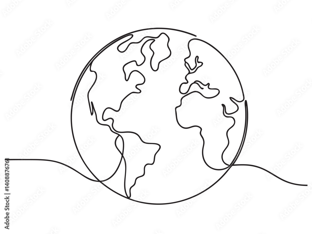 Continuous one line art drawing of earth planet, Globe, geography ...