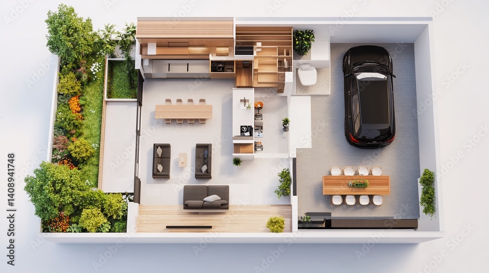 Top view illustration of a modern house plan with a garden, garage ...