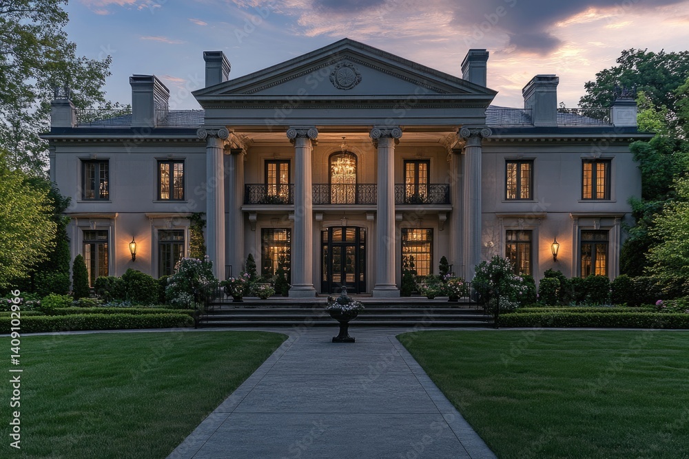 Grand neoclassical mansion at twilight, illuminated windows, manicured ...