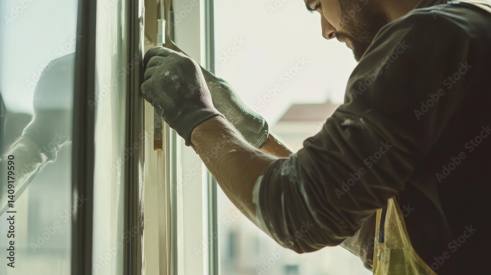 Construction worker sealing windows during the final phase of building ...
