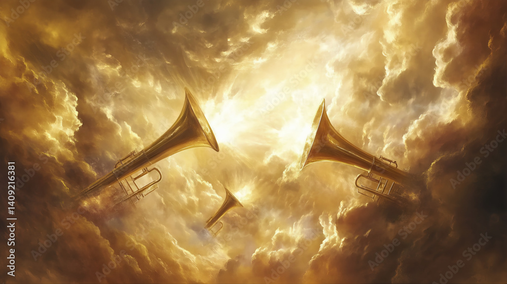 Nativity judgment day trumpets sound. Artistic depiction of trumpets ...