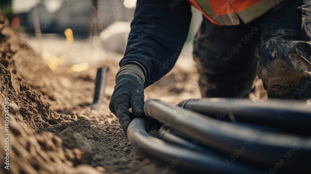 Laborer laying down electrical cables on the ground during construction ...