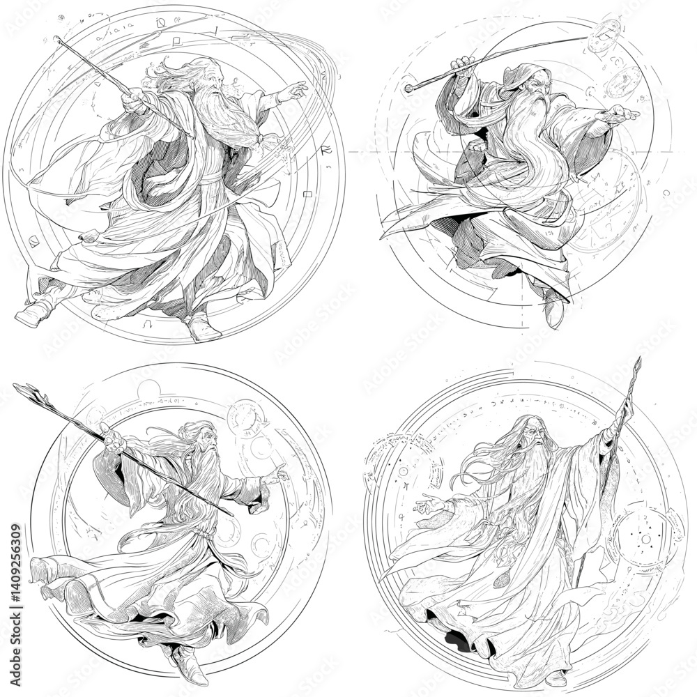 Epic black and white wizard illustrations in action poses with staffs ...